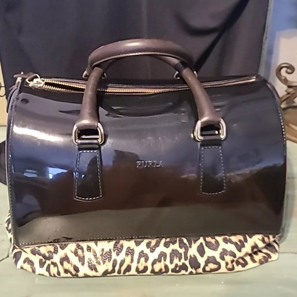 Furla | Bags | Furla Rubber Black And Leopard Print Satchel With Furla ...
